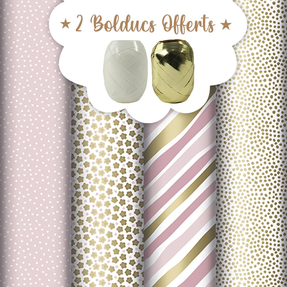 Lot de 4 rouleaux papier cadeau 5m Excellia rose et doré 80g + 2 ...