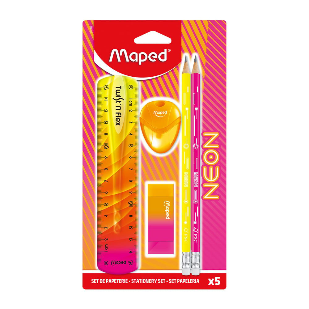 Kit de traçage MAPED NEON 5 pièces - 1 règle + 1 taille-crayons + 1 ...