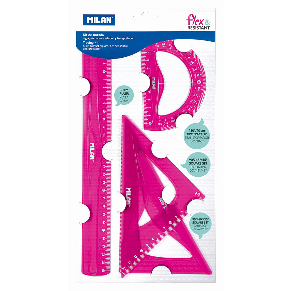 Kit de traçage incassable flexible MILAN 4 pièces rose 2 équerres, 1 ...