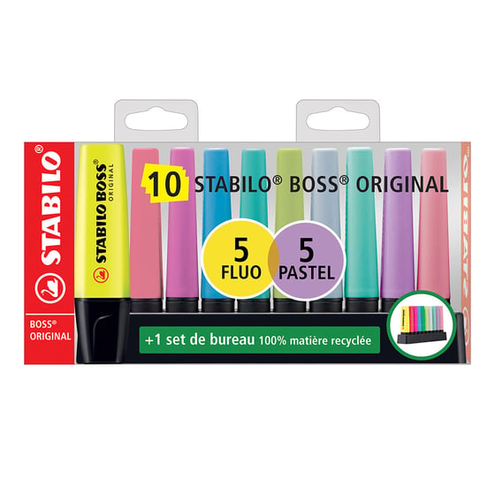 10 Surligneurs STABILO Boss Original fluo + pastel avec présentoir ...