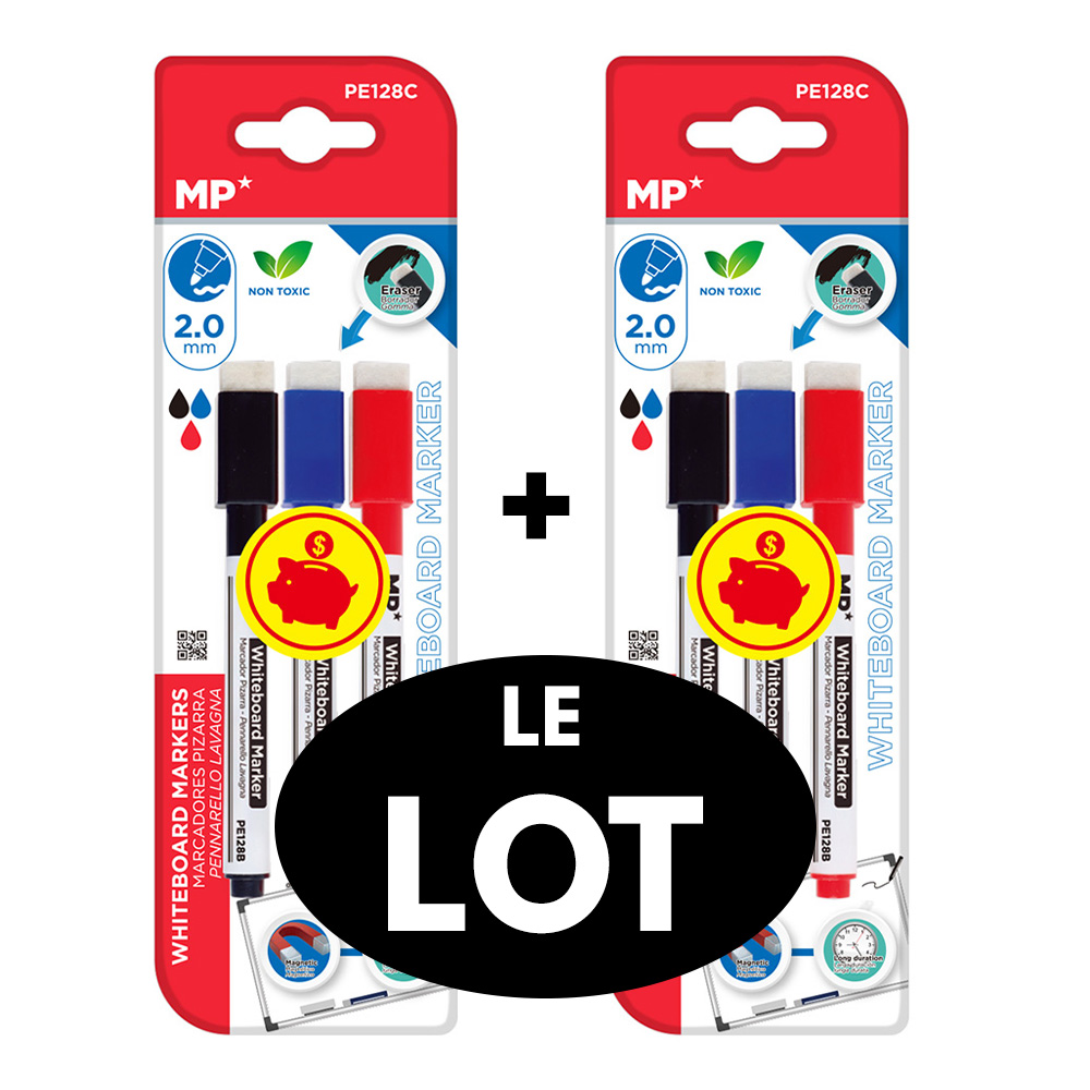 2 Lots de 3 marqueurs tableau blanc avec effaceur intégré de MP ...