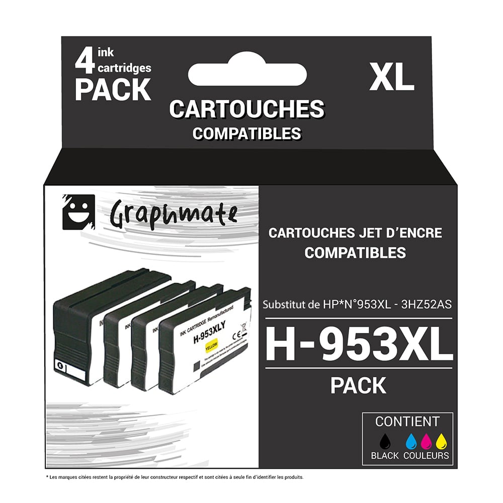 Pack 4 cartouches compatible HP N°953XL jet d'encre noir et couleurs ...